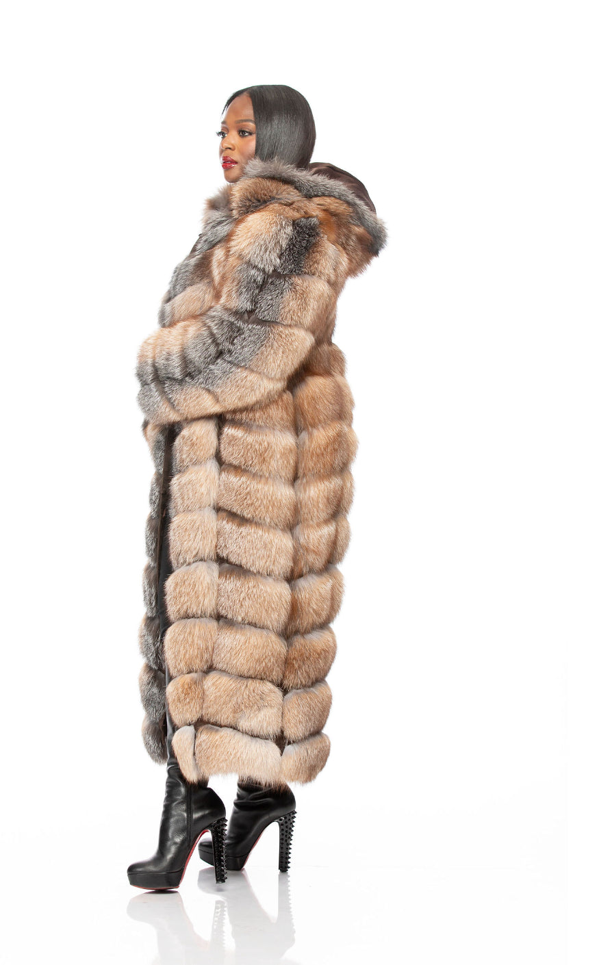 Crystal Gina Full Length Fox Fur Detachable Sleeves Detachable Hood ...