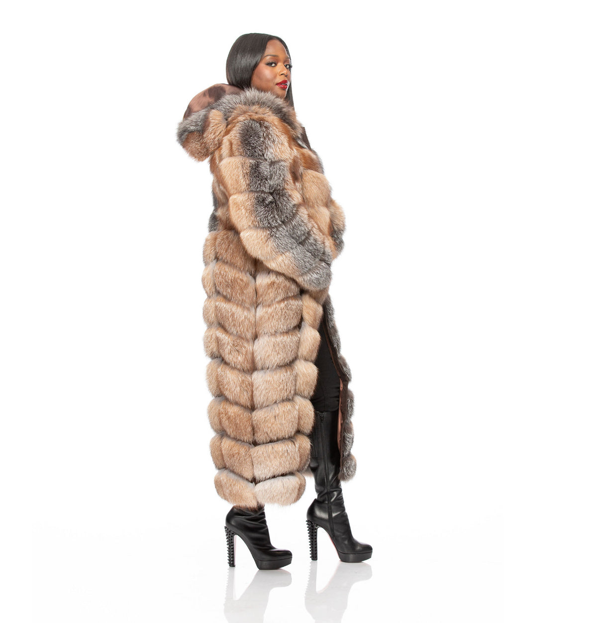 Crystal Gina Full Length Fox Fur Detachable Sleeves Detachable Hood ...